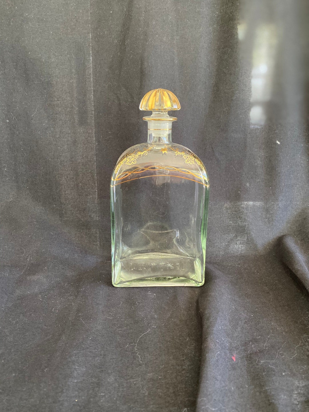 Vintage Spanish Pale Green Glass Decanter: Hand Painted Gold Decoration ...