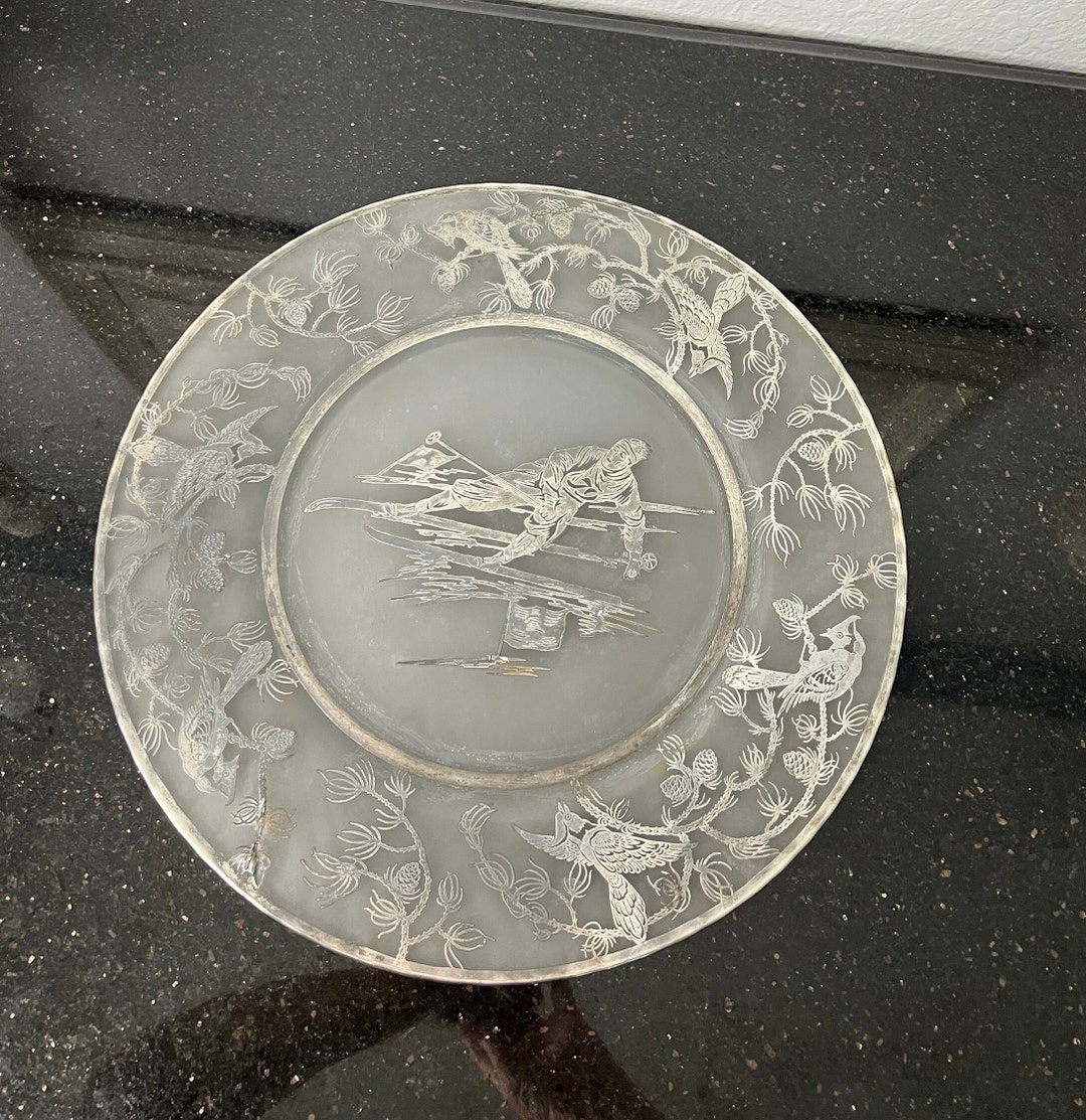 Vintage Silver Overlay Skier on Frosted Glass, Charger, Platter, 14.25 ...