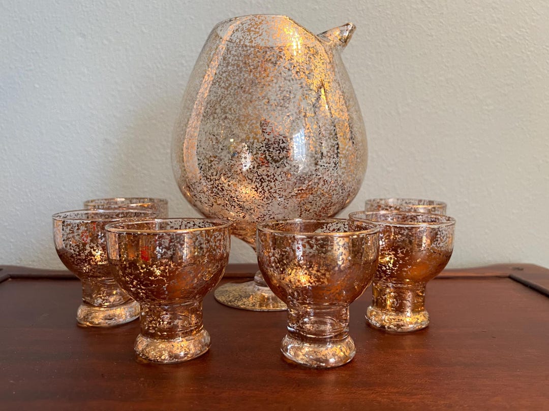 Vtg Gold Star Dust Set of 6 Pedestal Glasses and Brandy Snifter Pitcher ...