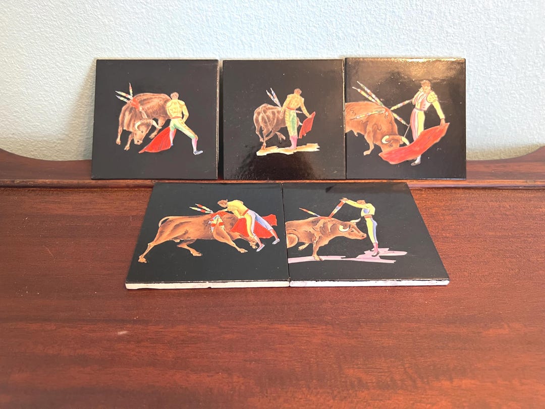Vintage Matador Bullfighting Ceramic Tiles Black Background Brilliant ...