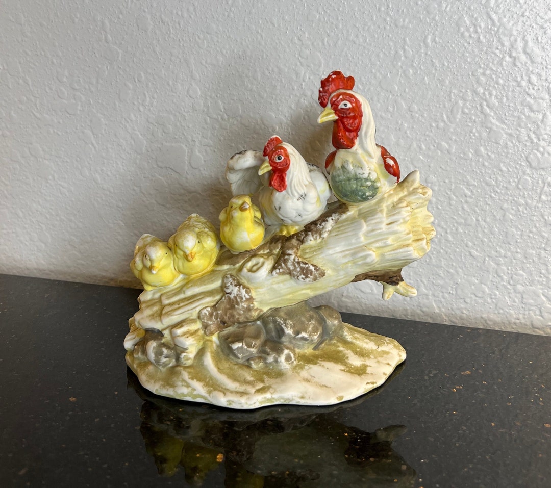 Vintage Ceramic Chicken Family on Log Includes Rooster Hen 3 Chicks - Etsy