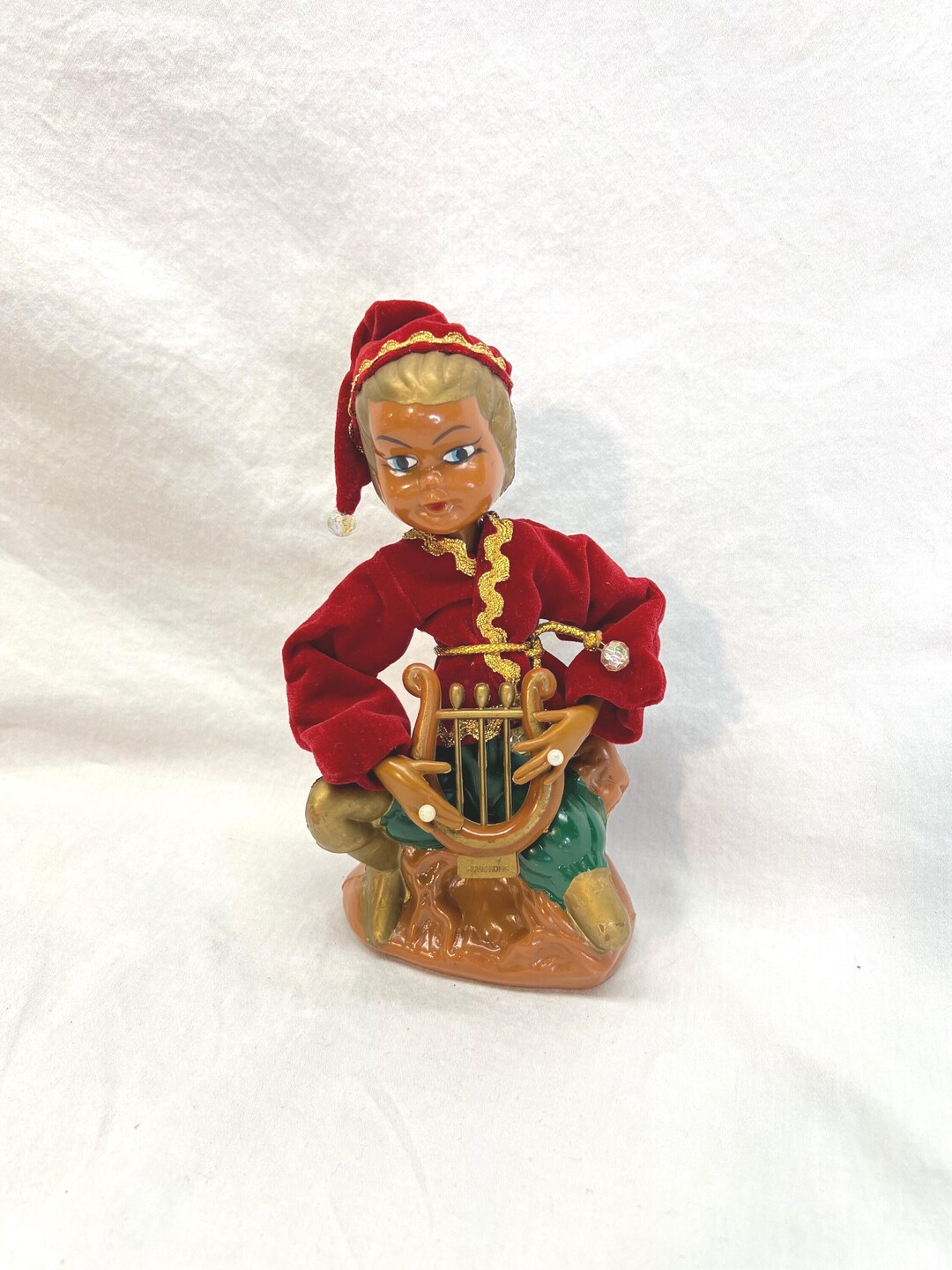 Vintage Hand Painted Elf Figurine: Bejeweled Red Velvet, Harp Lyre ...