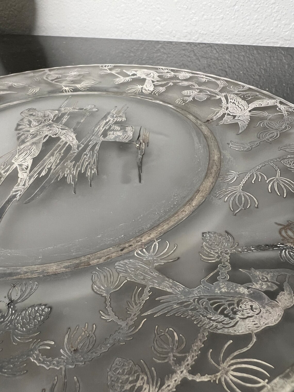 Vintage Silver Overlay Skier on Frosted Glass, Charger, Platter, 14.25 ...