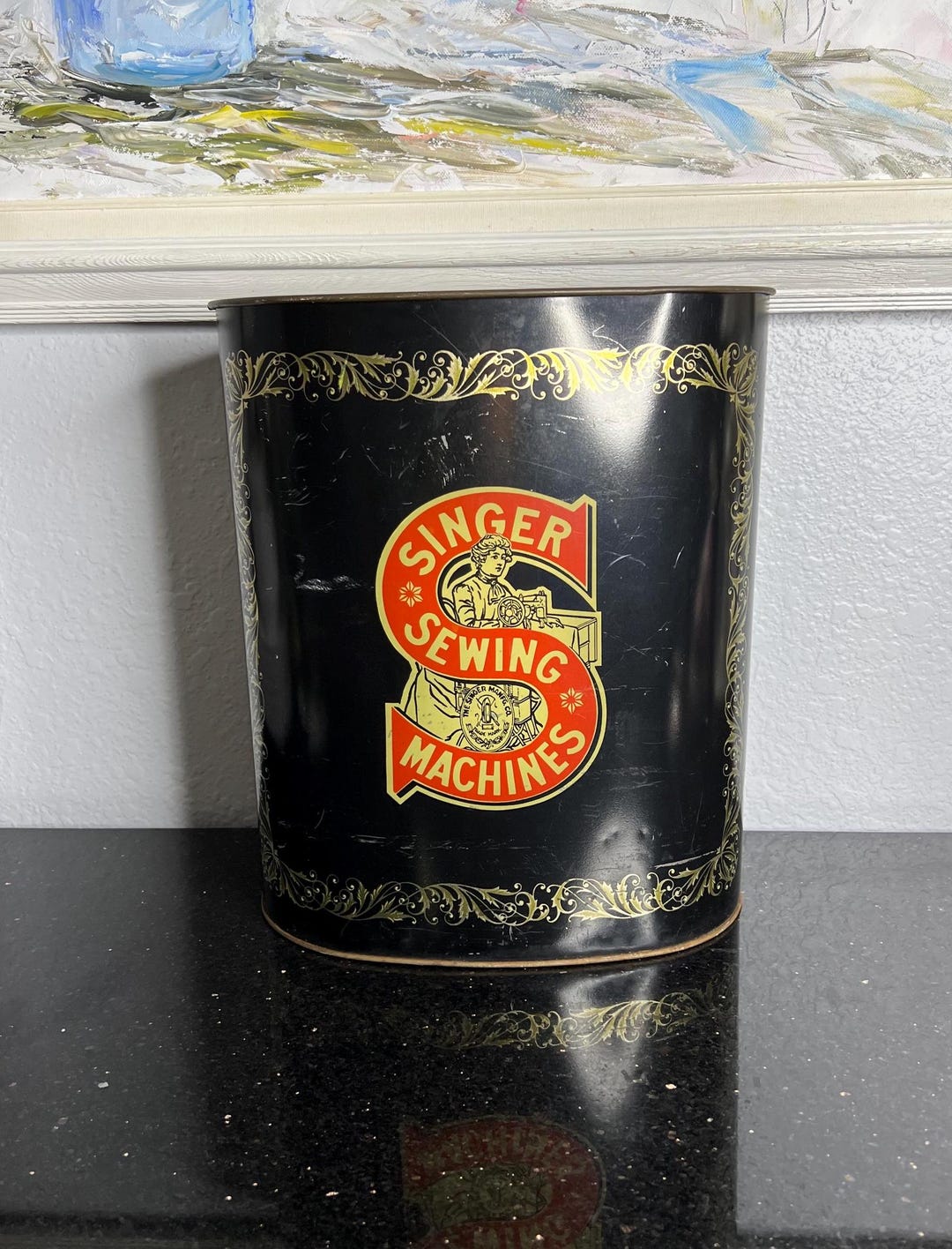 Vintage Cheinco Singer Sewing Machine 13" Tall Metal Waste Basket Trash ...