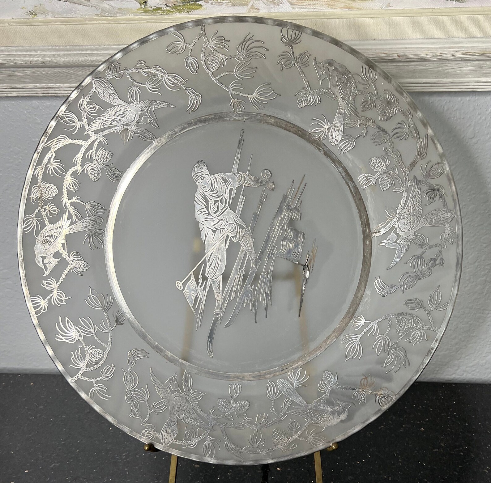Vintage Silver Overlay Skier on Frosted Glass, Charger, Platter, 14.25 ...