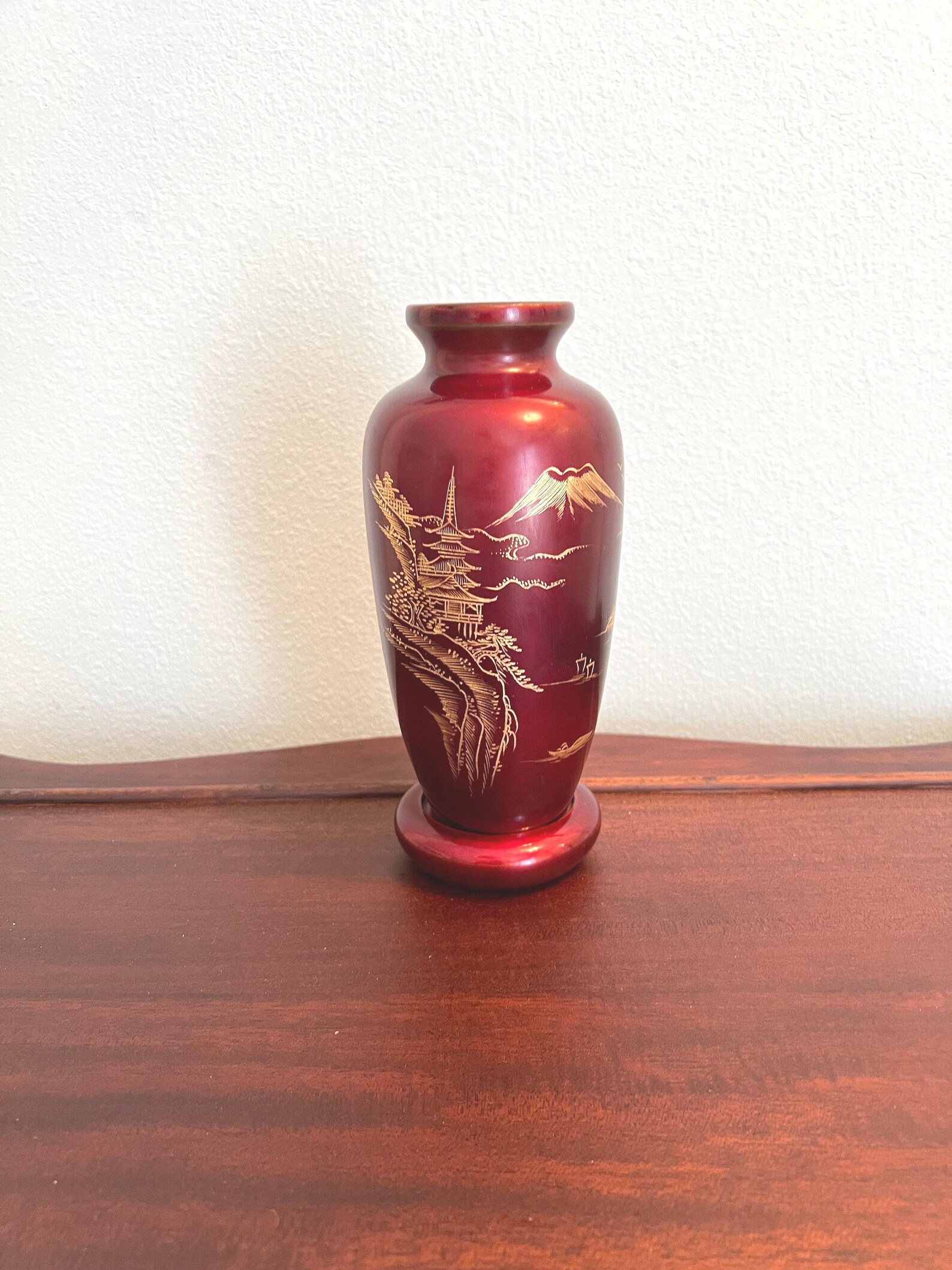 Vintage Lacquered Wood Vase Deep Red Color With Gold Hand Painted ...