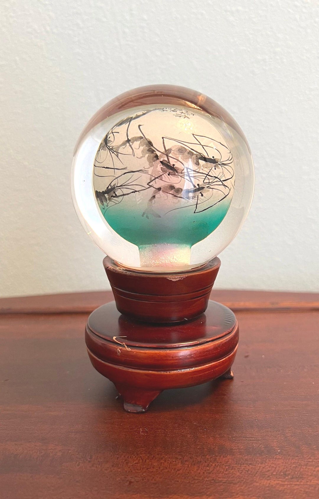 Vintage Asian Reverse Painted Glass Globe With Stand, Depicting Shrimp ...