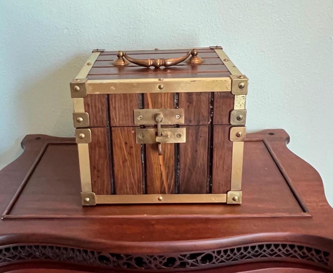 Large Wood Treasure Chest: Brass Accents, Green Felt Lined Pirate Box ...