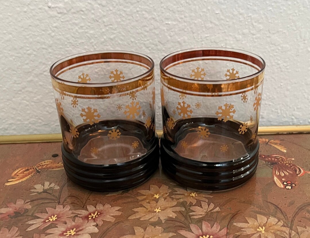 Mid Century Double Old Fashion With Gold Snow Flake Decoration and Gold ...