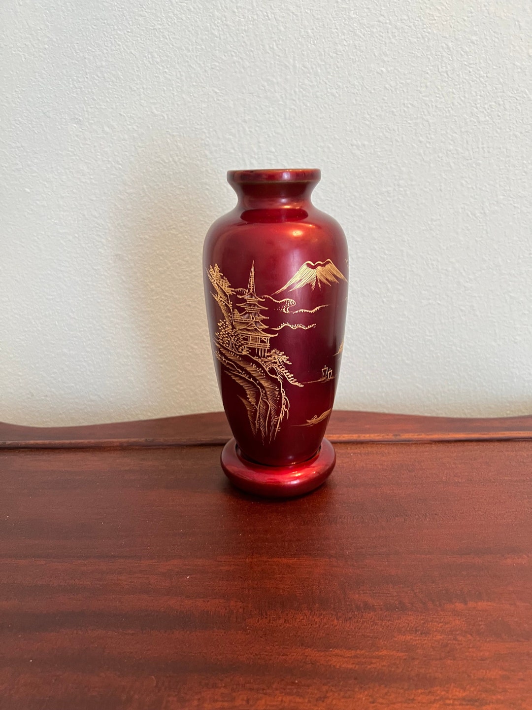 Vintage Lacquered Wood Vase Deep Red Color With Gold Hand Painted ...