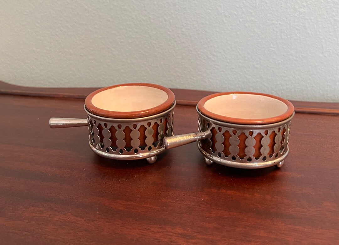 Antique Set of 2 Ramekins With Metal Stands Guernsey Cookware Brown ...