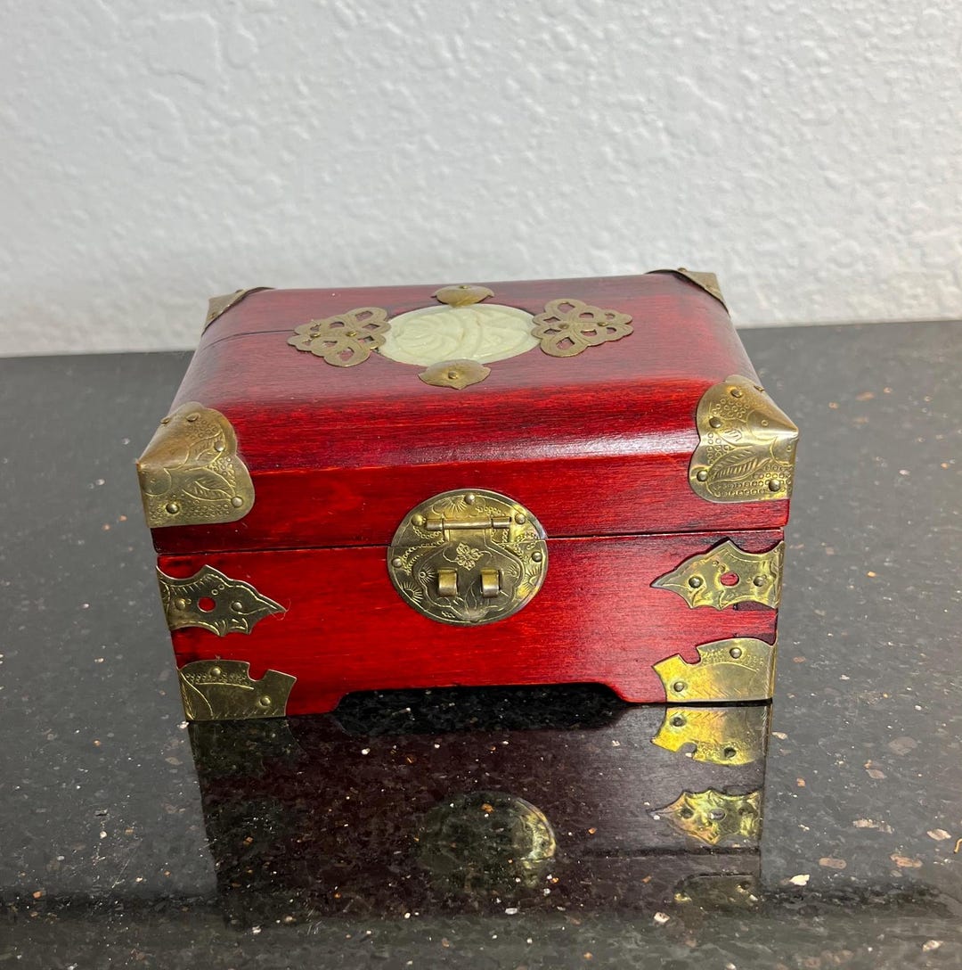 Mid-century Asian Jewelry Box: Wood, Brass & Jade, Silk Lined - Etsy