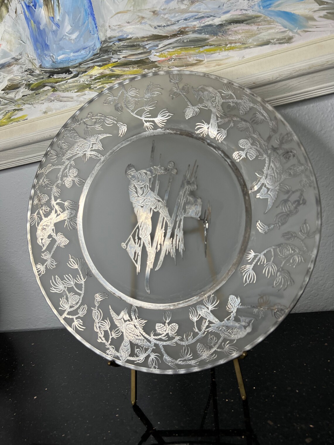 Vintage Silver Overlay Skier on Frosted Glass, Charger, Platter, 14.25 ...