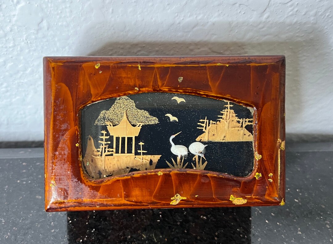 Vintage Tortoise Shell Style Lacquer Box With Hinged Lid, Glass Shadow ...