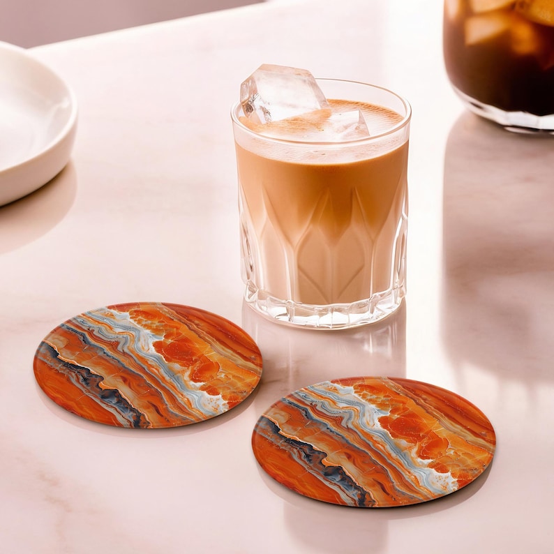Orange Marble Glass Coasters | Personalised Marble Art Coaster Set ...