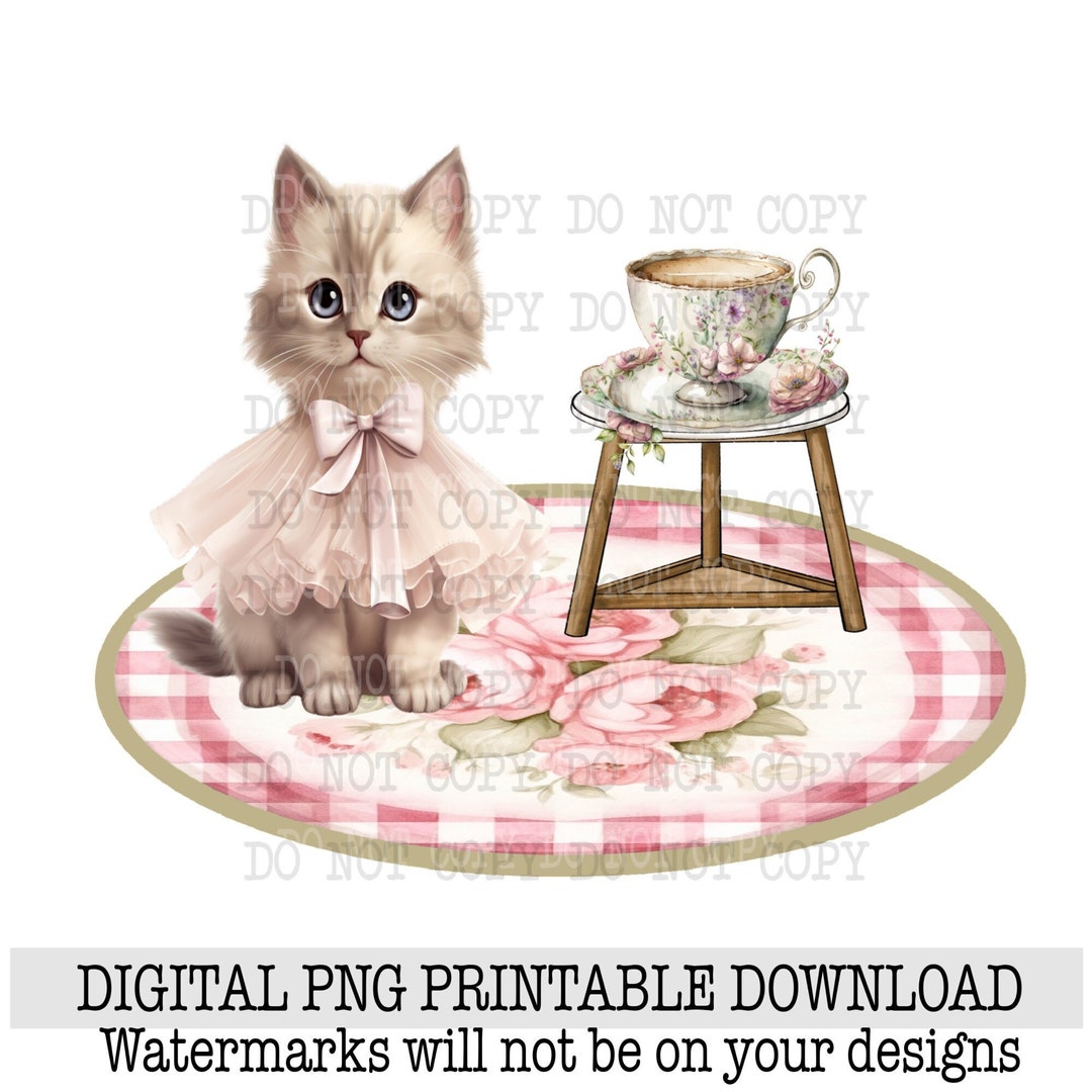 Cat Clipart Cute Pink Cat Digital Download Cat Tea Cup - Etsy