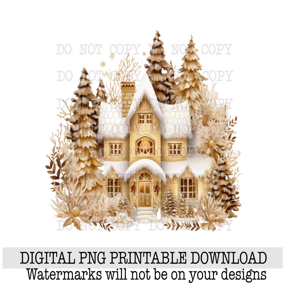 Winter House Clipart Png, Gold Christmas Clipart, Digital Download ...