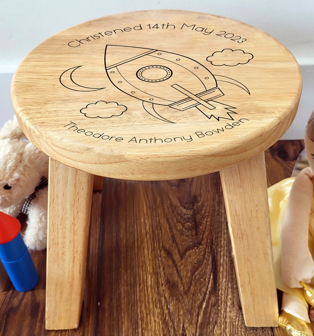 Laser Engraved Kids Wooden Stool Space Rocket Any Occasion Personalised ...