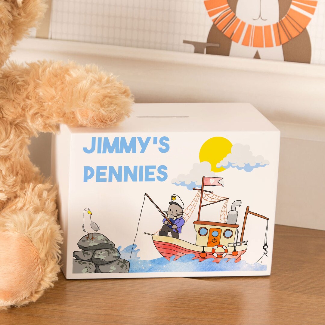 Personalised Children's Fishing Boat Money Box With Walrus - Etsy