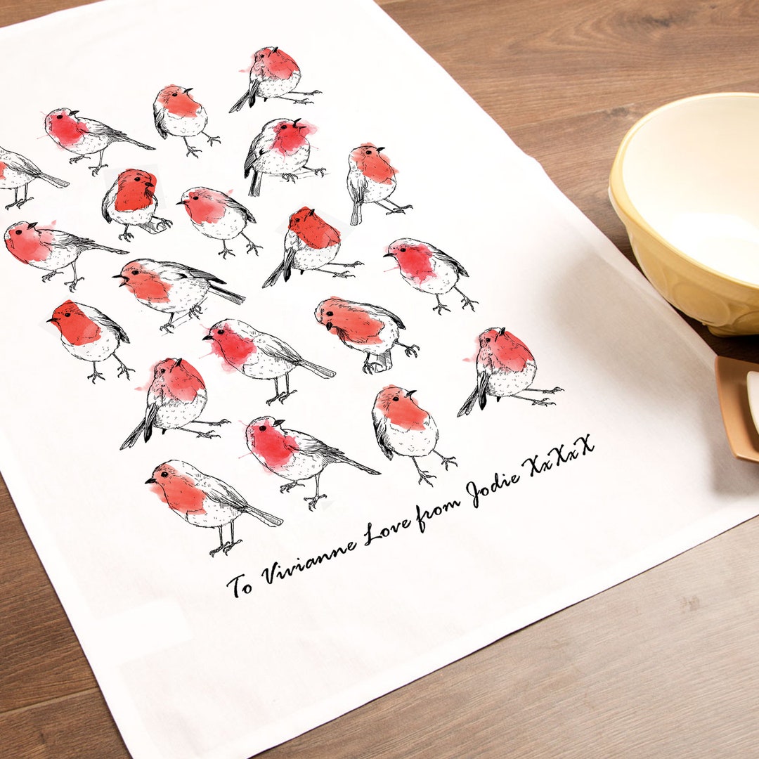 Personalised Illustrated Robin Tea Towel, Hand Drawn Bird Print Design ...