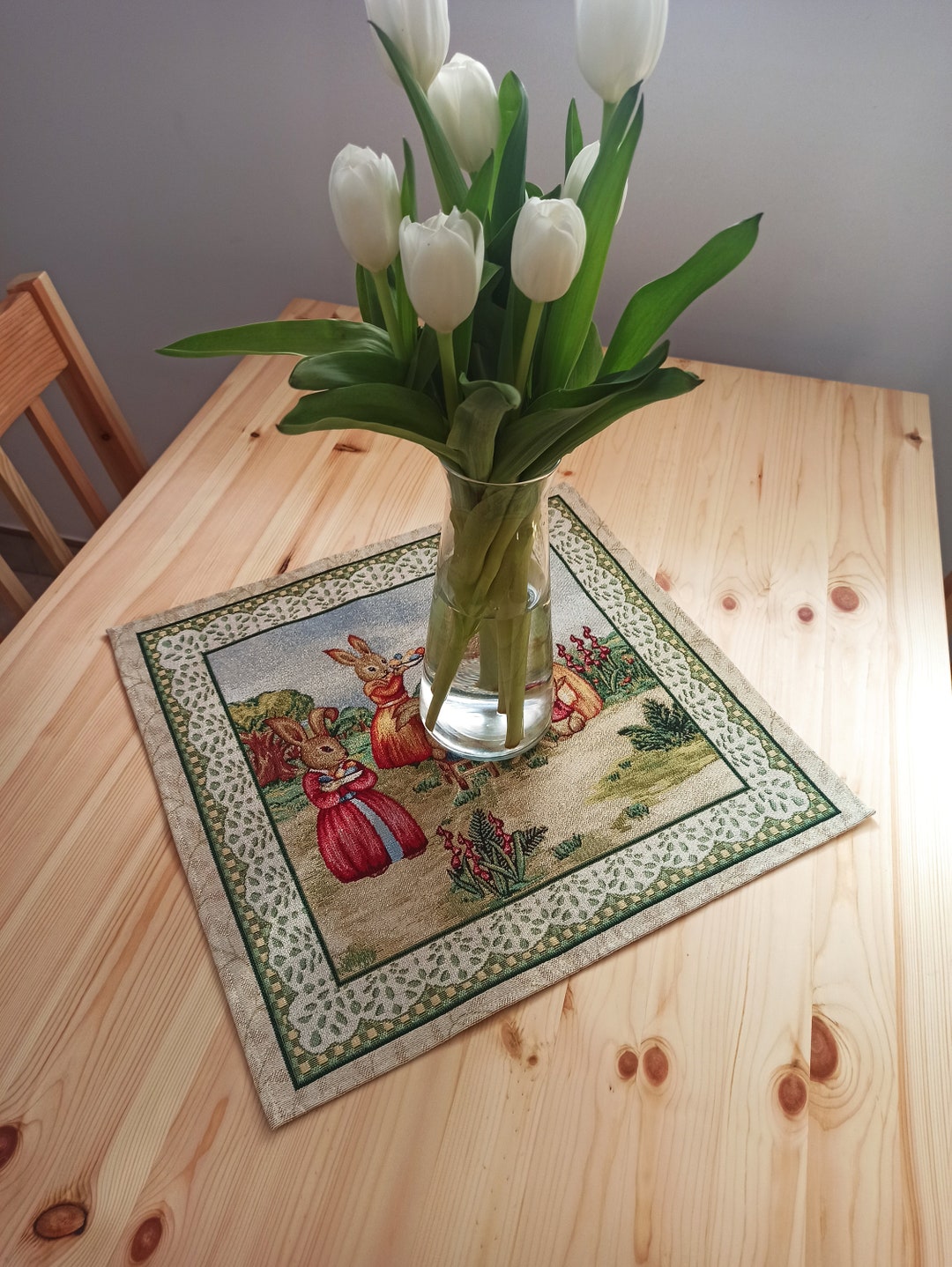 Easter Table Topper Green Napkin Eggs Bunny Flowers Centerpieces With Golden Thread - Etsy
