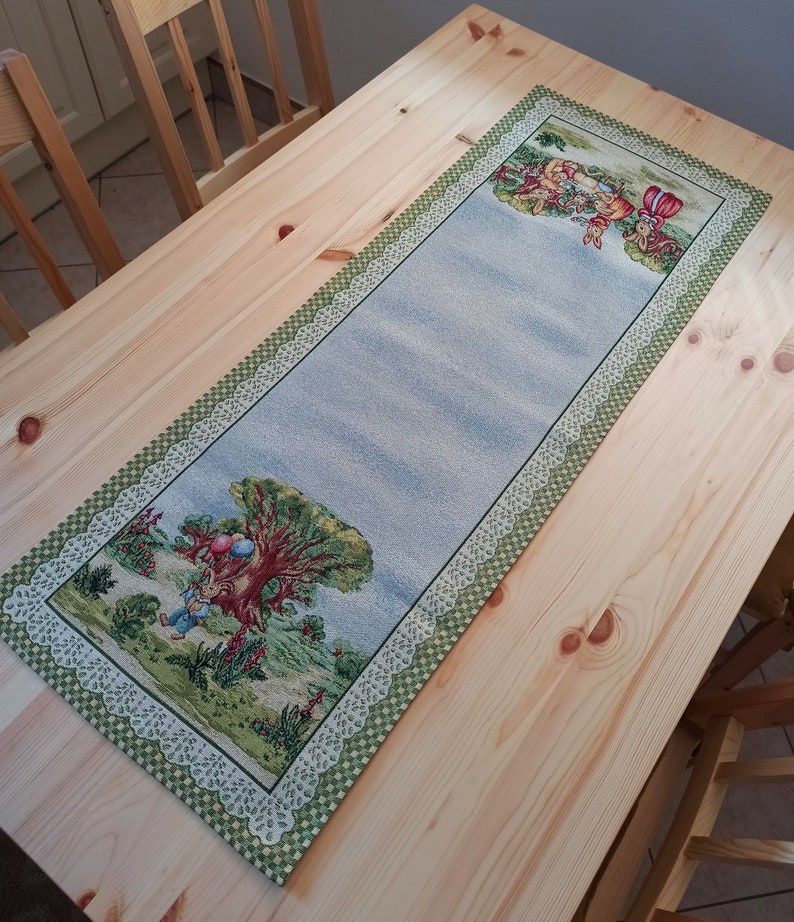 Easter Table Runners Golden Thread Tapestry Fabric Easter Bunny Floral ...