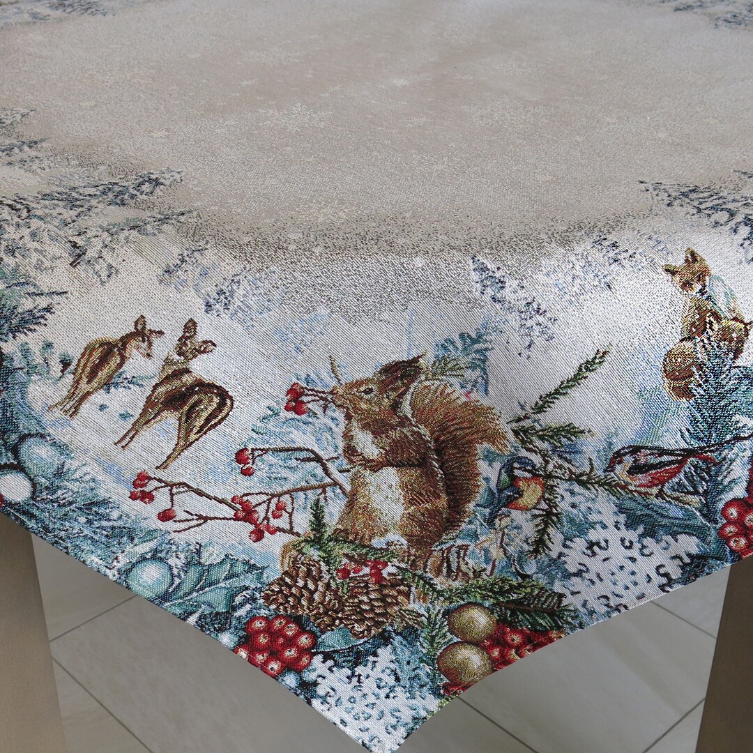 Christmas Tablecloth With Silver Threads Tapestry Fabric Xmas ...