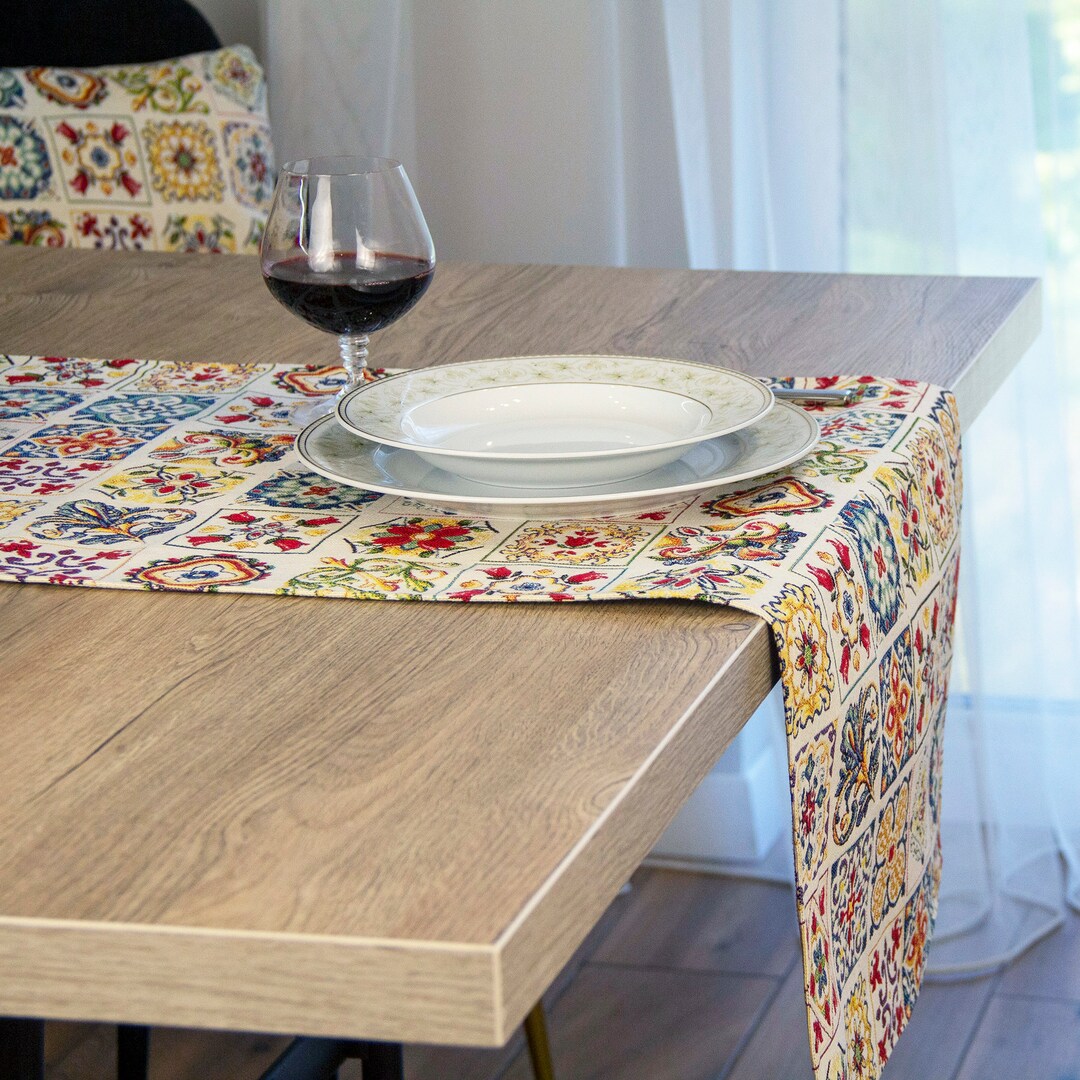 Table Runners Tapestry Spanish Tiles Style Azulejo Fabric Multicolor ...