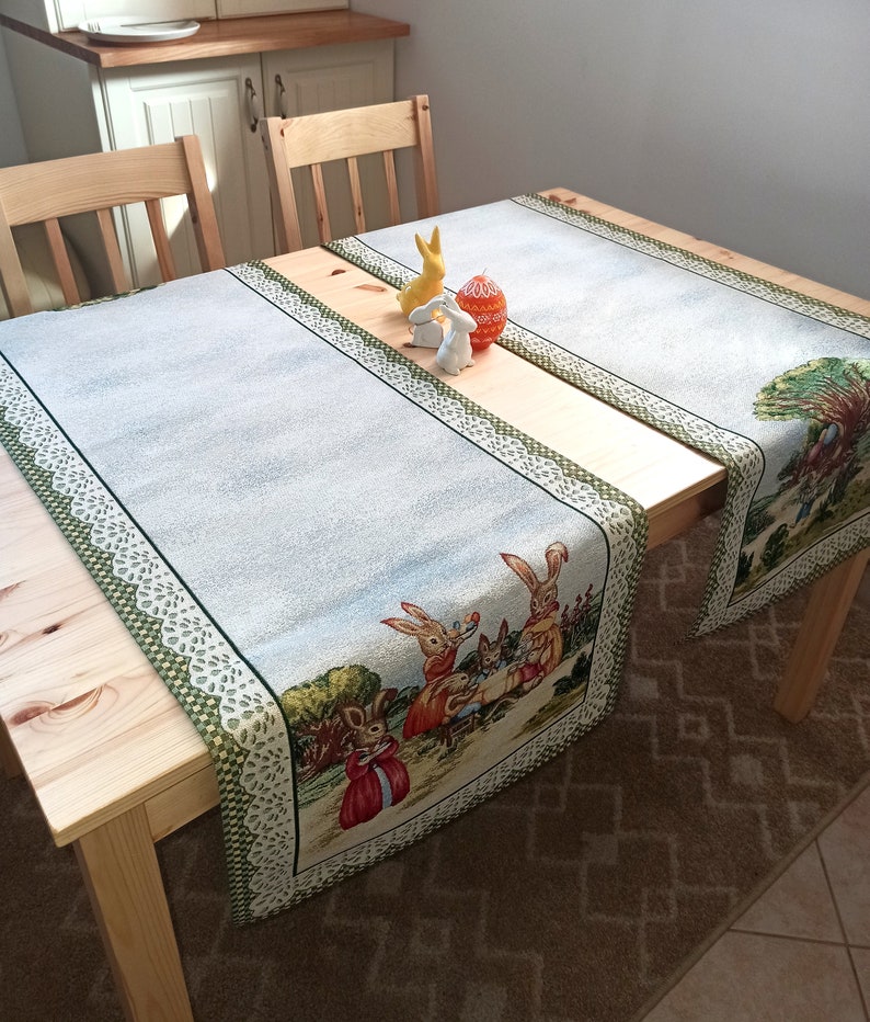 Easter Table Runners Golden Thread Tapestry Fabric Easter Bunny Floral ...
