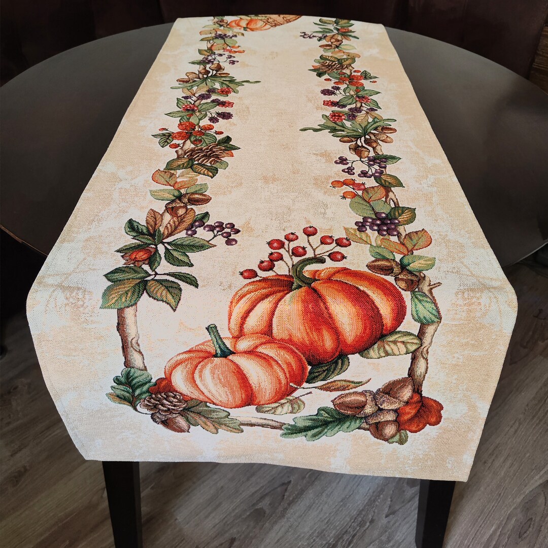 Thanksgiving Block Print Tapestry Table Runner, Autumn Fall Leaves ...