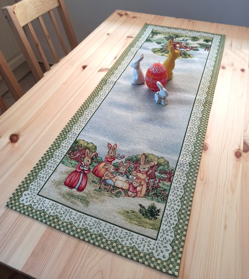 Easter Table Runners Golden Thread Tapestry Fabric Easter Bunny Floral ...
