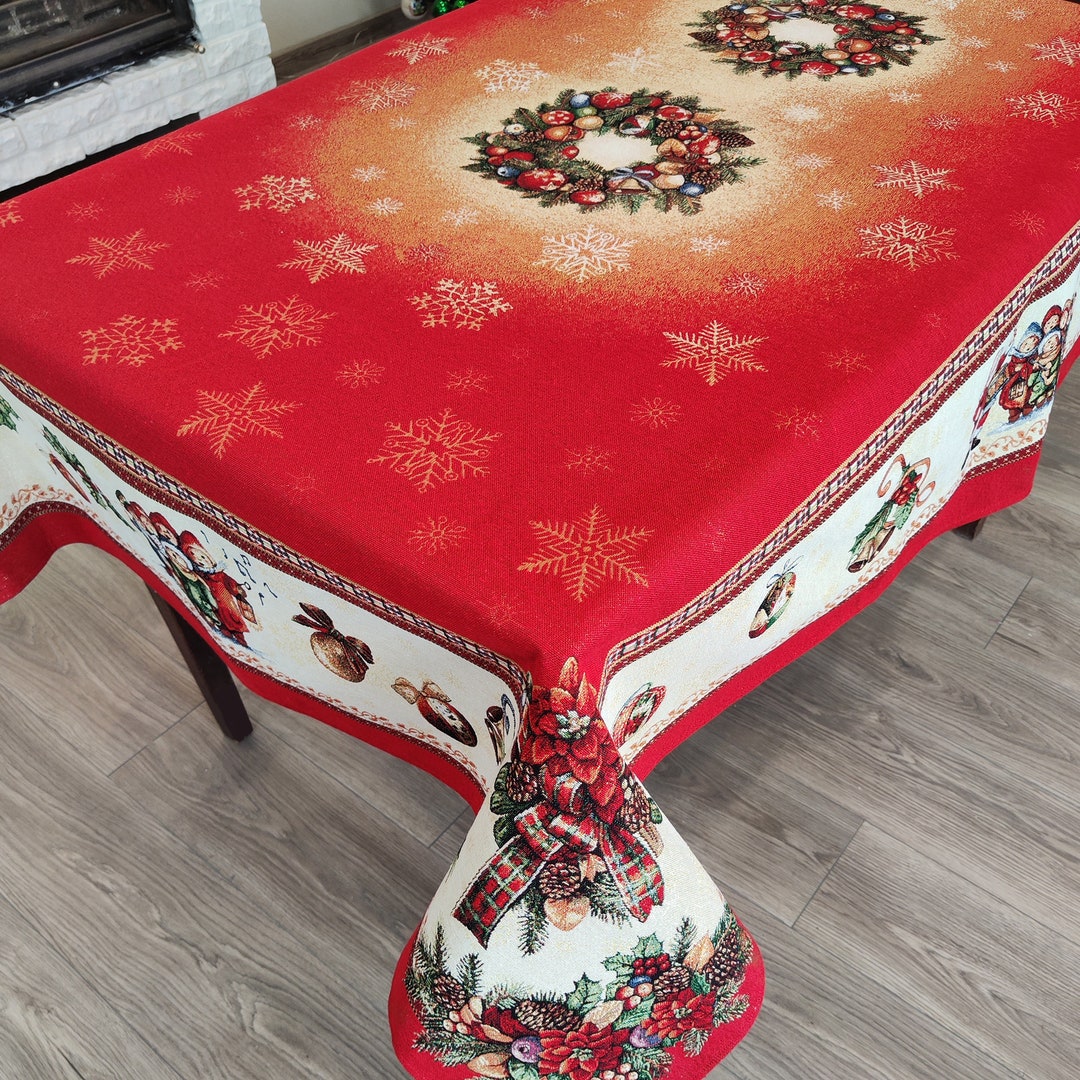 Red Christmas Tablecloth With Santa, Golden Thread Tapestry Fabric Xmas ...