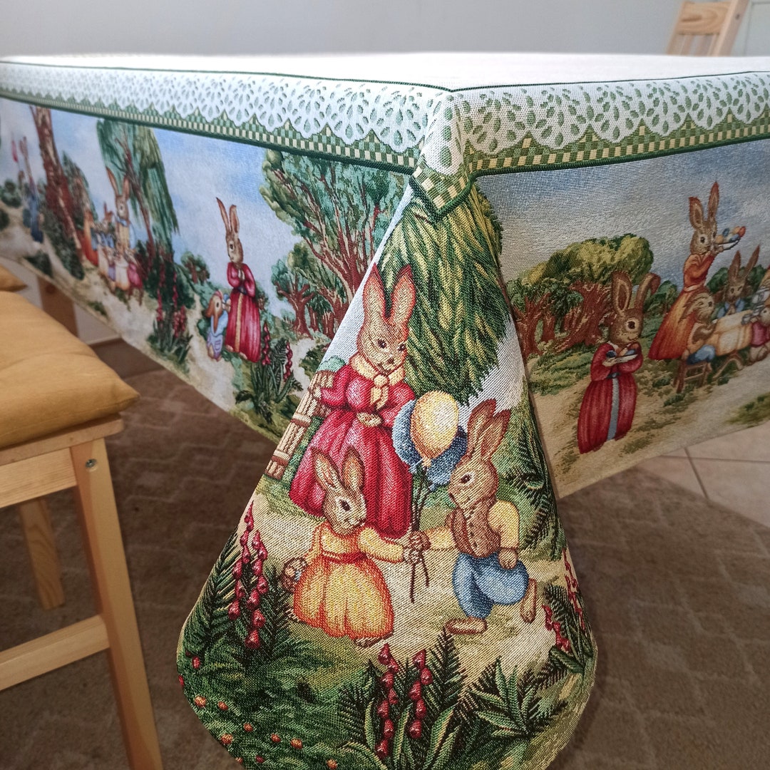 Easter Tablecloth Green With Golden Thread Eggs Bunny Flowers Table ...