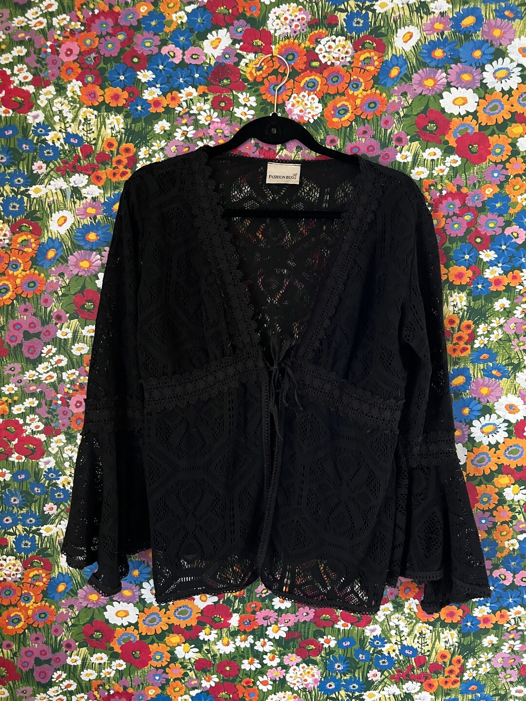 Vintage 90s/y2k Fashion Bug Tie Front Lace Black Peasant Cardigan - Etsy