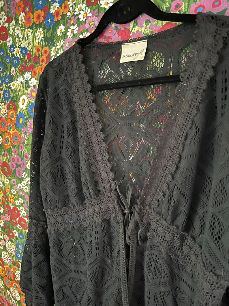 Vintage 90s/y2k Fashion Bug Tie Front Lace Black Peasant Cardigan - Etsy