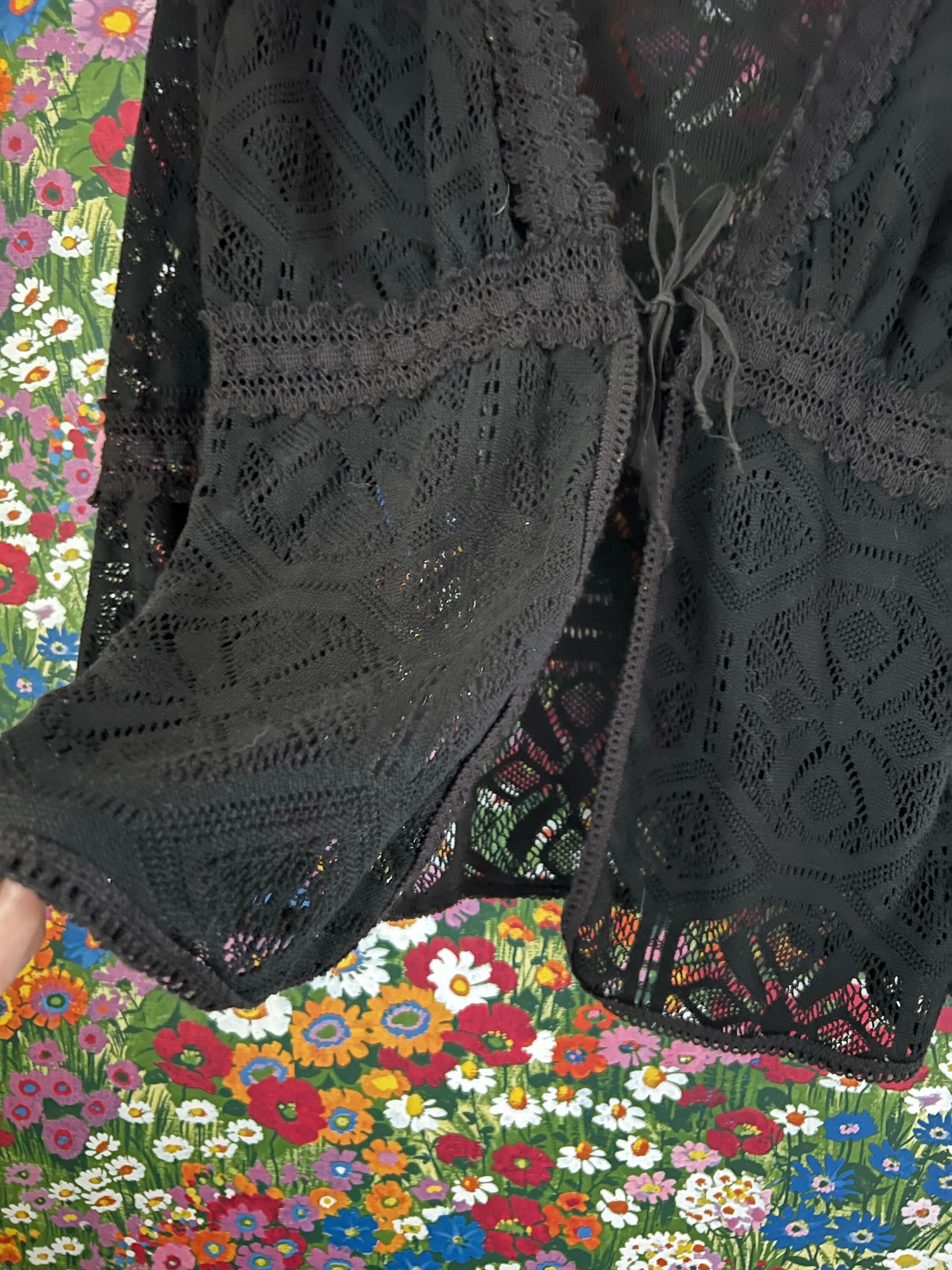 Vintage 90s/y2k Fashion Bug Tie Front Lace Black Peasant Cardigan - Etsy