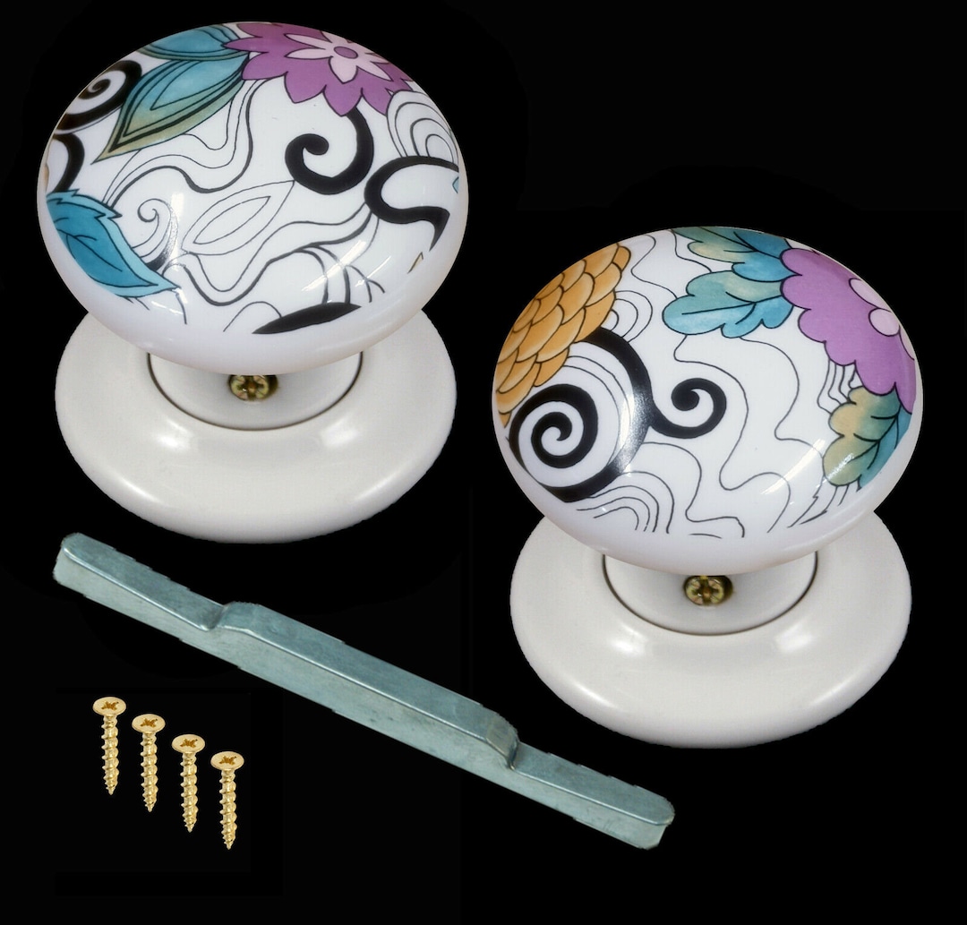 Ceramic Door Knob Set White Pastel Woodstock Design (pair) - Etsy