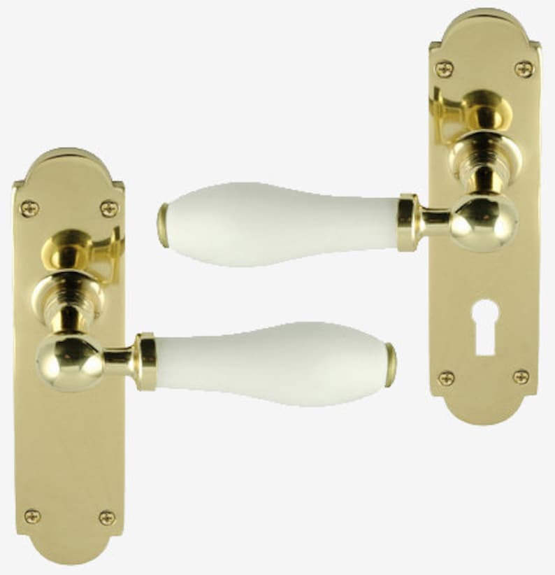 White Porcelain Lever Door Handle on Backplate Polished Brass - Etsy