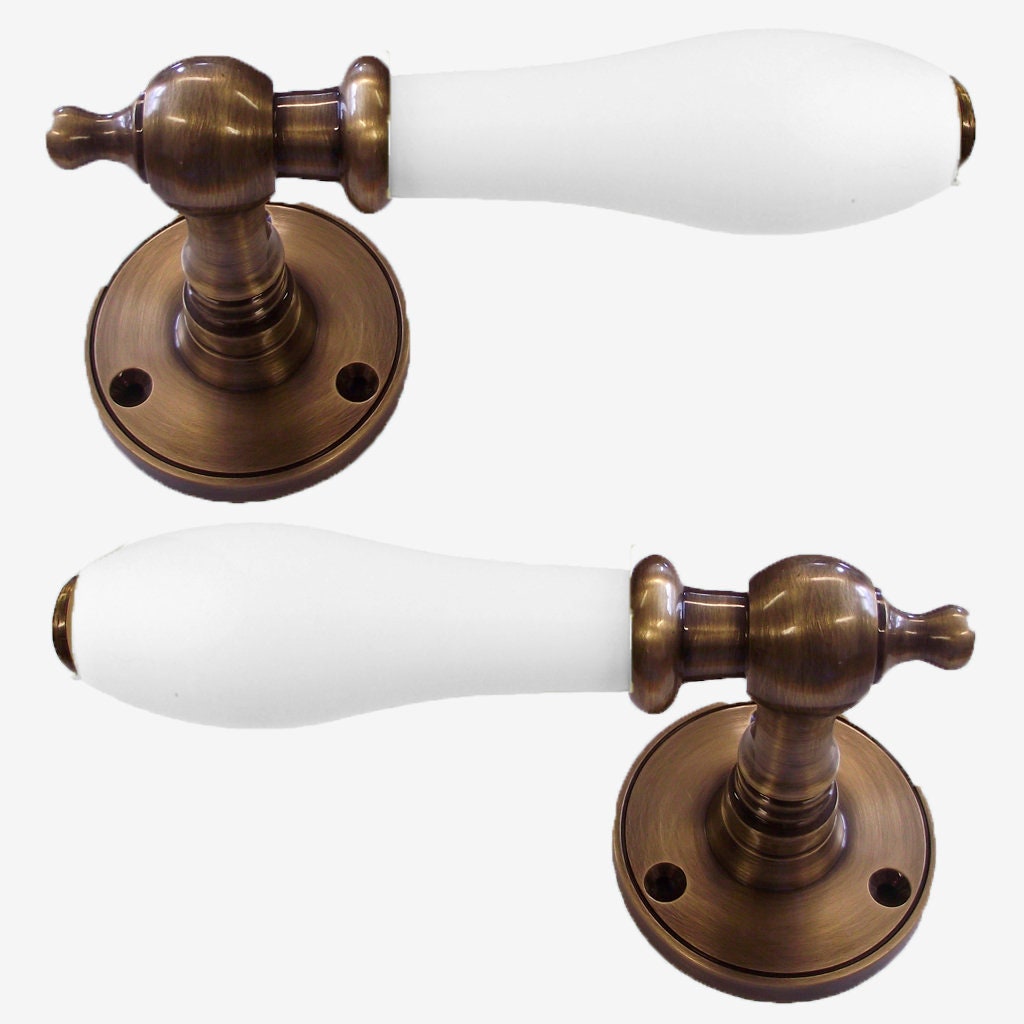 White Porcelain Lever Door Handle on Rose Antique Brass - Etsy