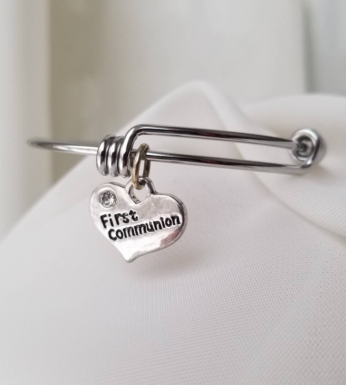 First Holy Communion Silver Tone Bangle Bracelet, Catholic Eucharist ...