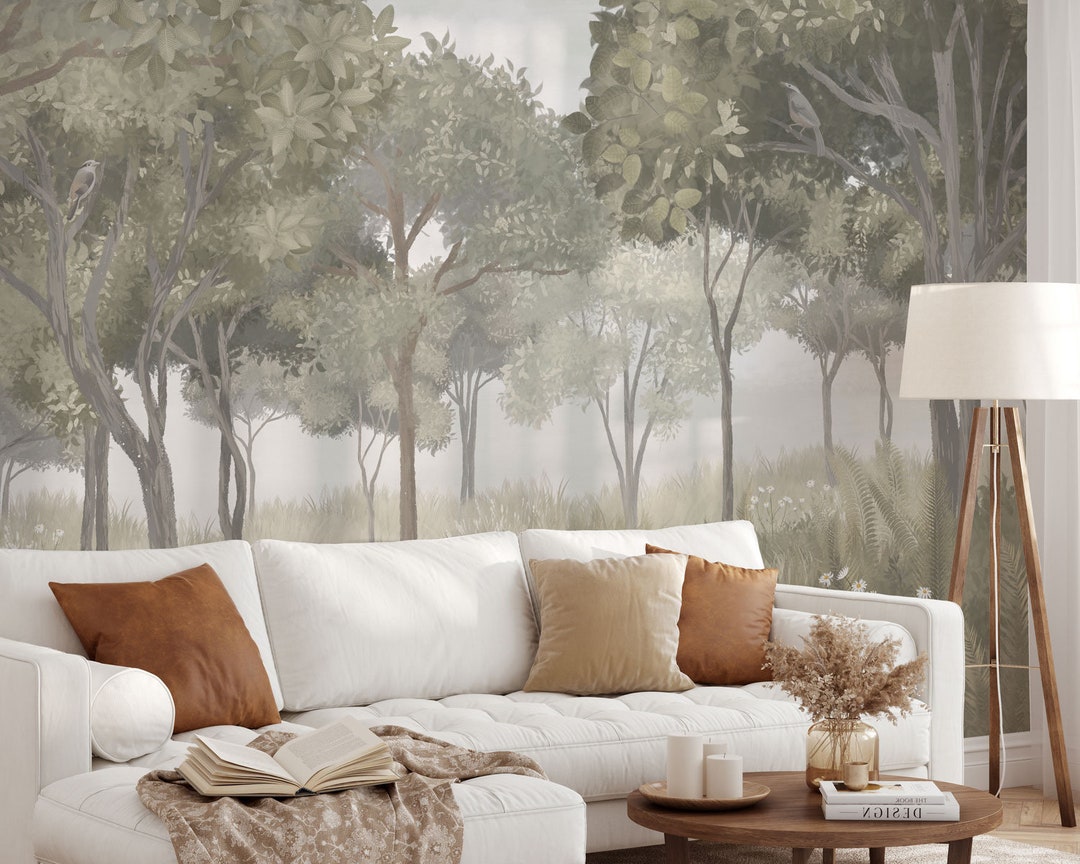 Forest Landscape Wall Mural – Neutral Tree Wallpaper for Living Room ...