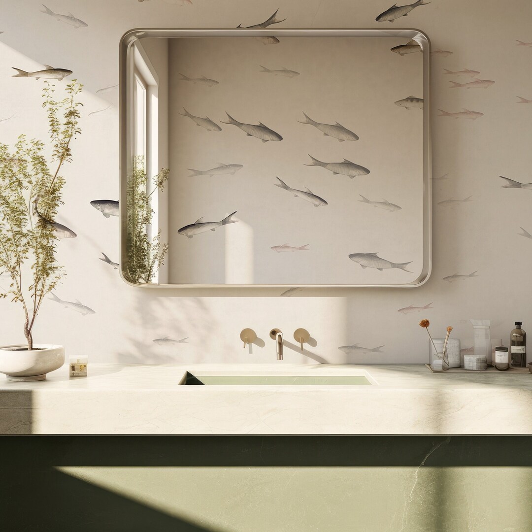 Fish Sea Wallpaper for Powder Room, Fish Mural Wallpaper, Beige ...
