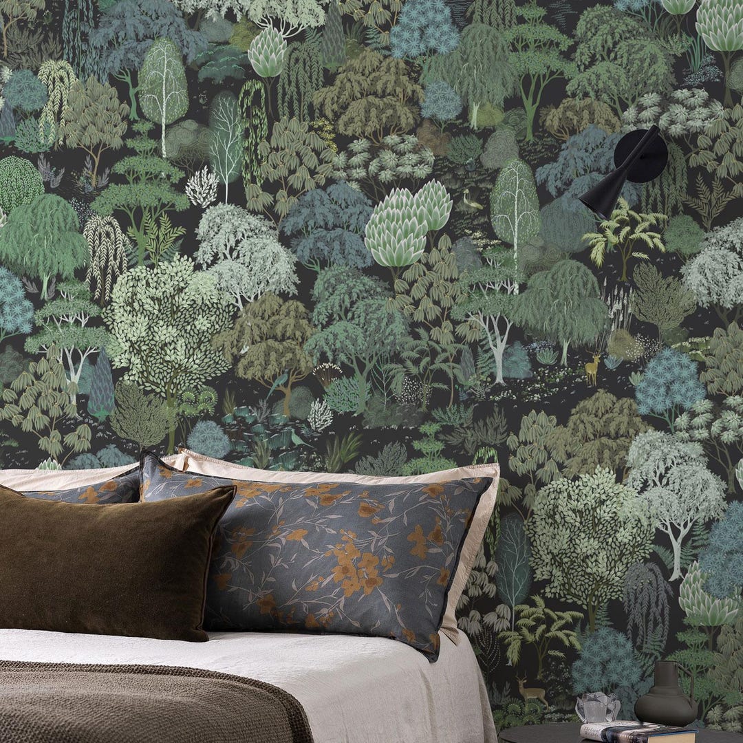 Bold Forest Wallpaper, Dark Green Botanical Wall Covering for Statement ...