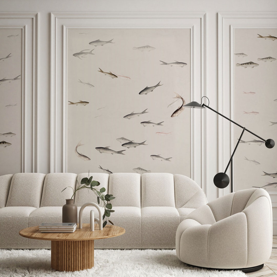 Fish Wallpaper, Fish Mural Wallpaper, Sardines Modern Beige Wallpaper ...