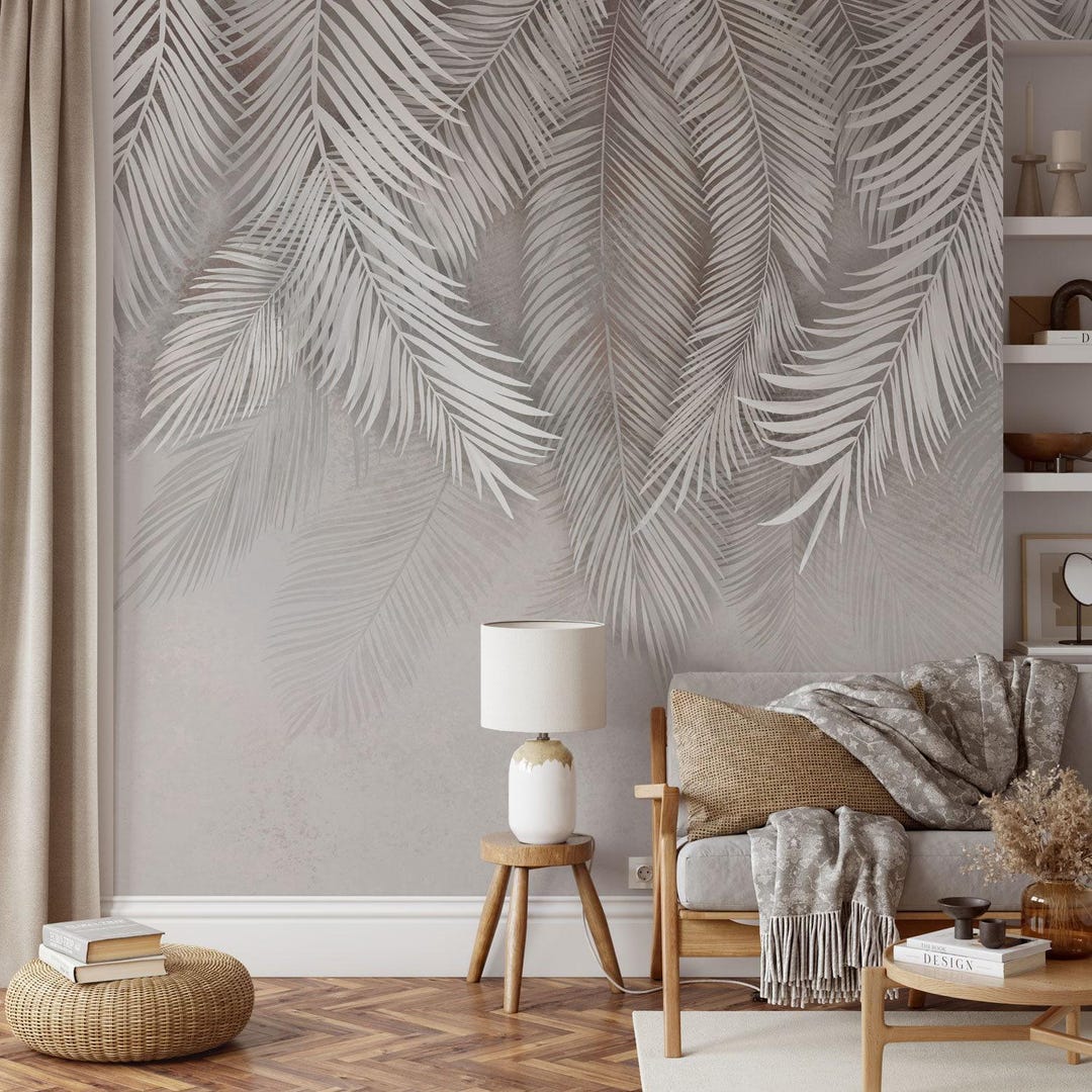 Palm Leaf Wallpaper, Tropical Grey Wall Mural With Botanical Palm ...