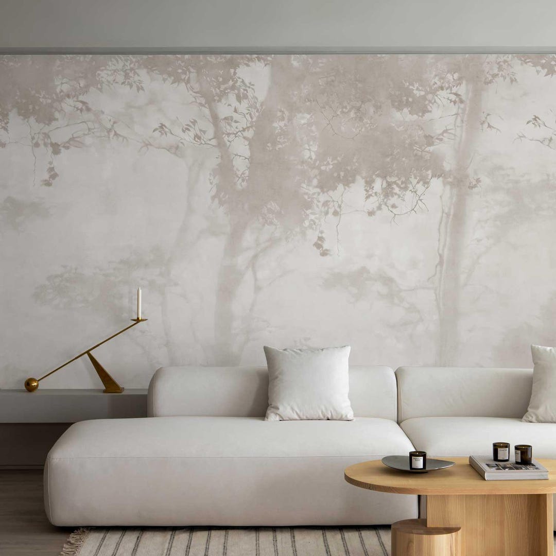Neutral Tree Wallpaper – Soft Beige Mural for Modern or Bedroom Walls ...
