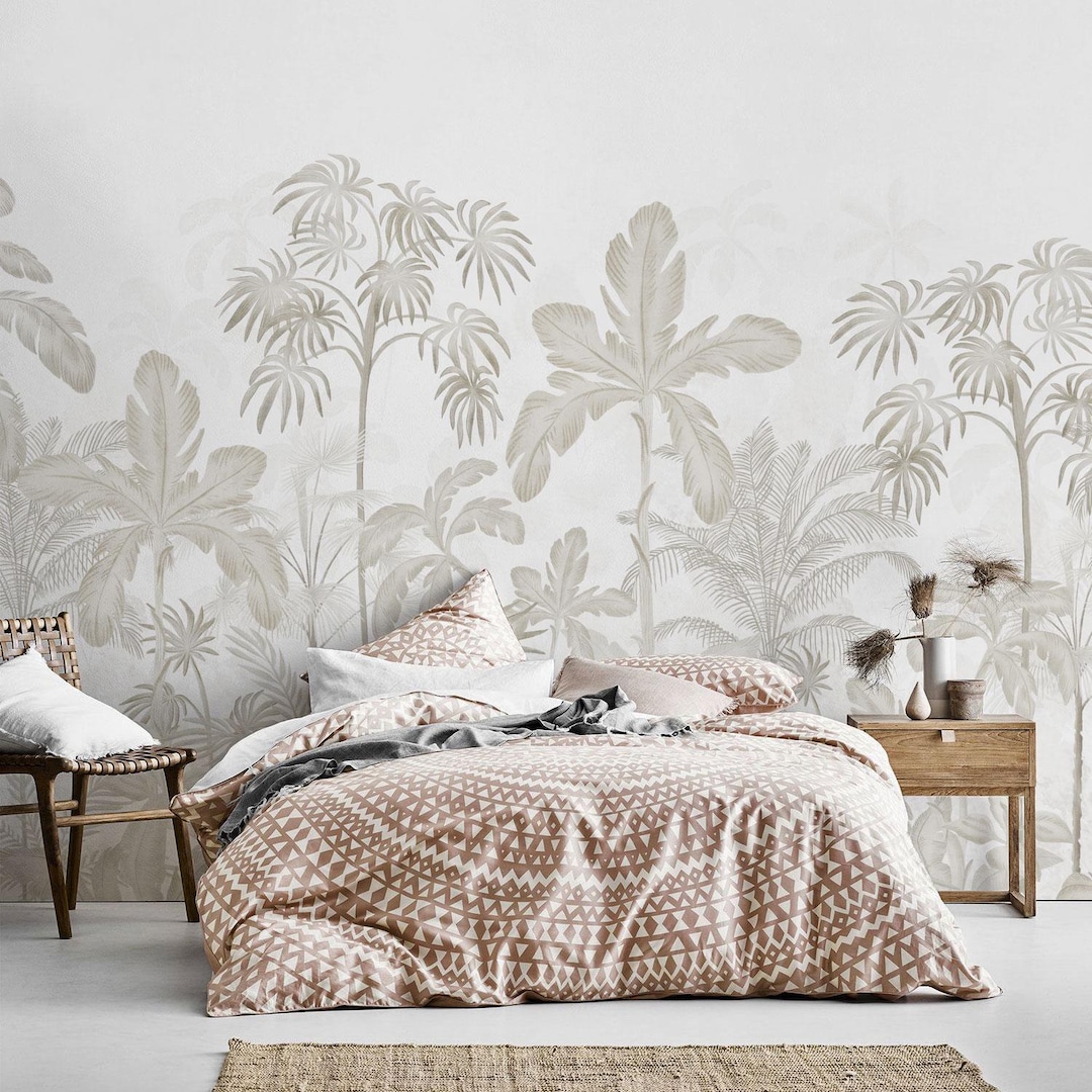 Neutral Palm Tree Wallpaper – Tropical Wall Mural With Botanical Leaves ...