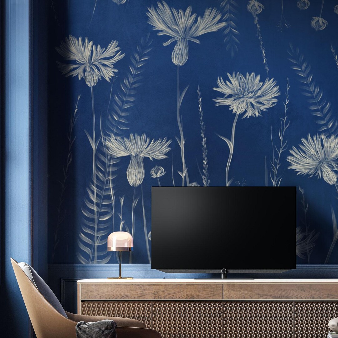 Moody Botanical Wallpaper – Navy Wildflower Wall Mural for Bold ...