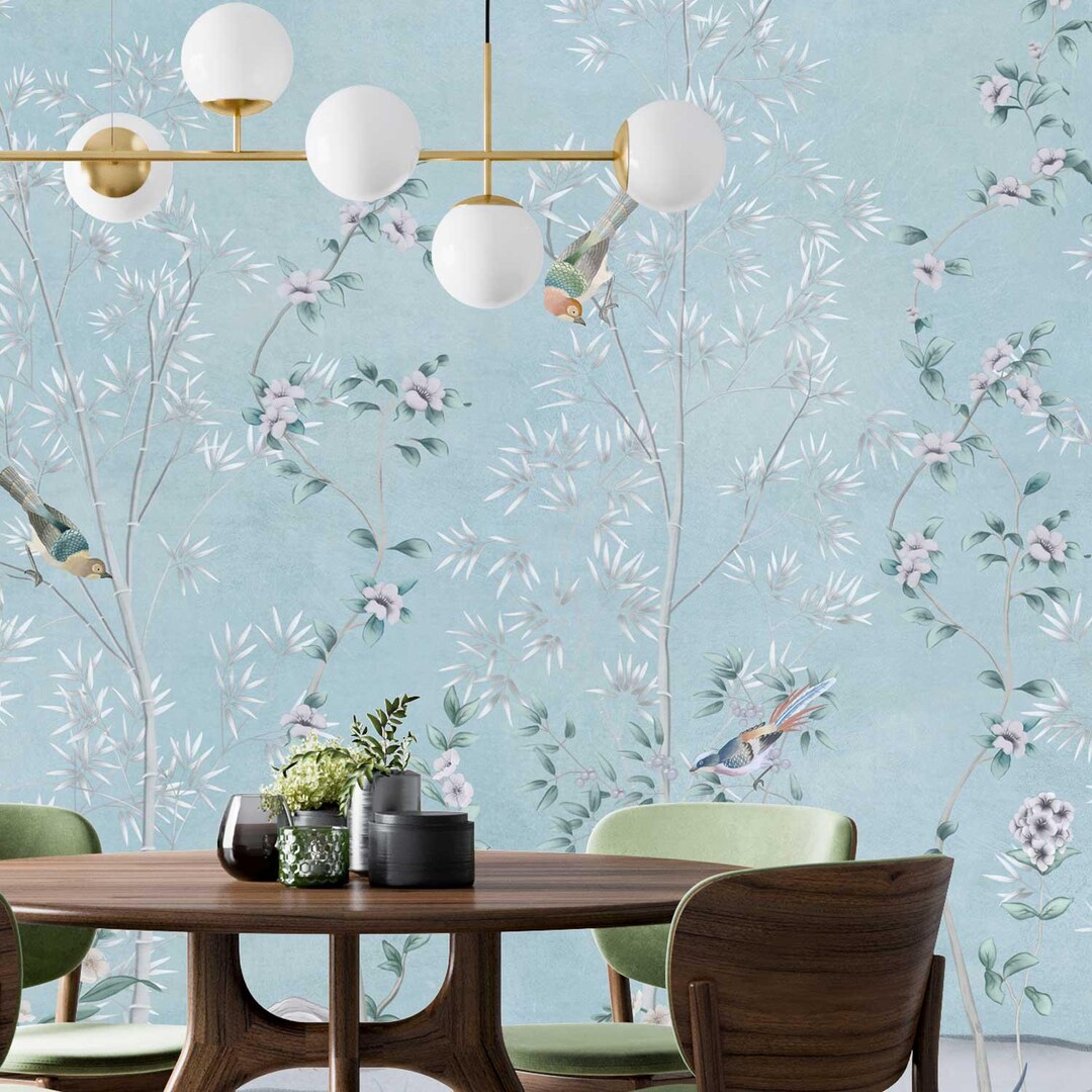 Blue Botanical Wallpaper With Birds and Leaves, Modern Chinoiserie Wall ...