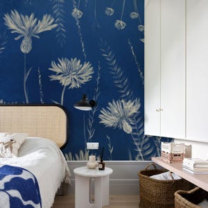 Moody Botanical Wallpaper – Navy Wildflower Wall Mural for Bold ...